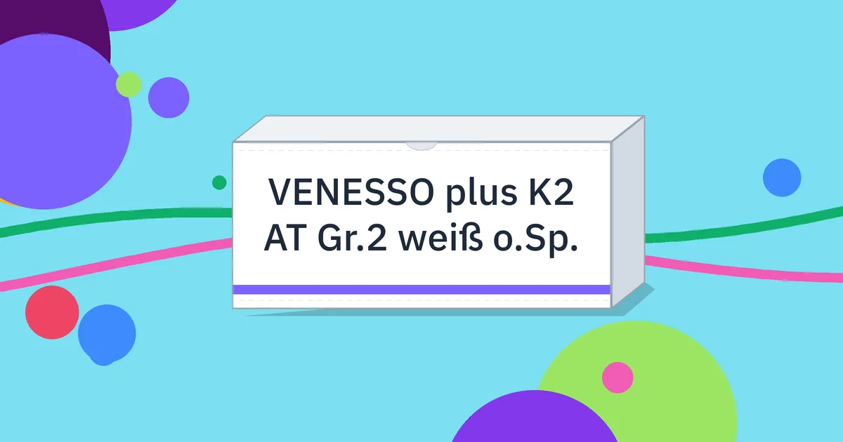 Symbolbild: Packung mit der Aufschrift VENESSO plus K2 AT Gr.2 weiß o.Sp. (PZN 03289656) – Verfügbarkeit und Bezug in Apotheken in Frankfurt am Main