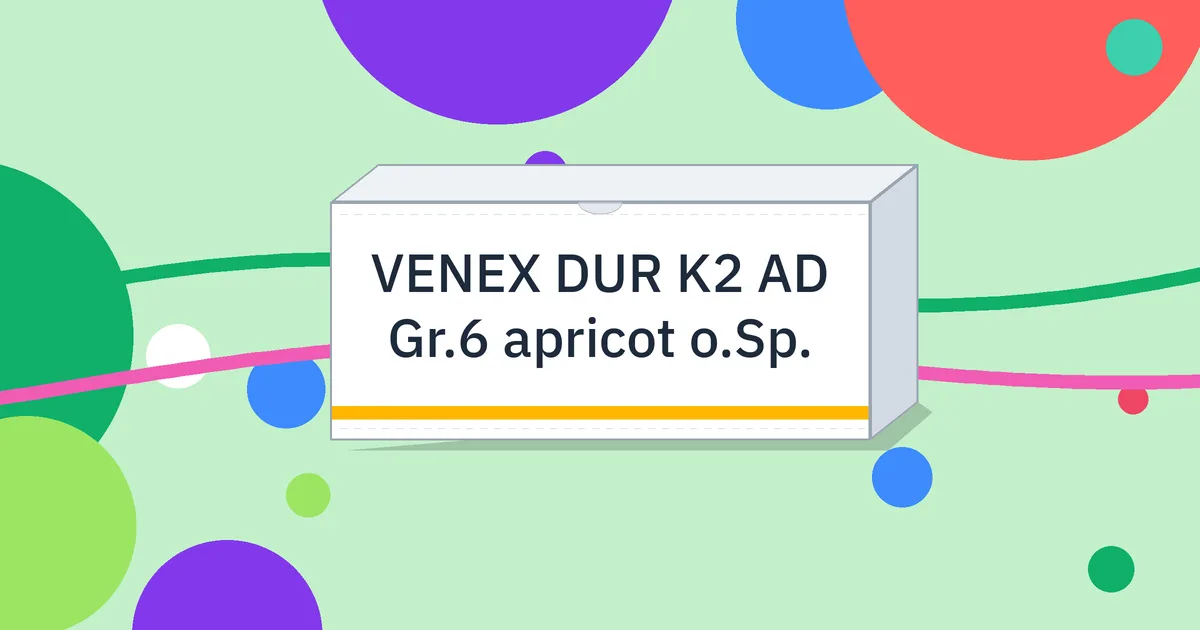 Symbolbild: Packung mit der Aufschrift VENEX DUR K2 AD Gr.6 apricot o.Sp. (PZN 03211499) – Verfügbarkeit und Bezug in Apotheken in Frankfurt am Main
