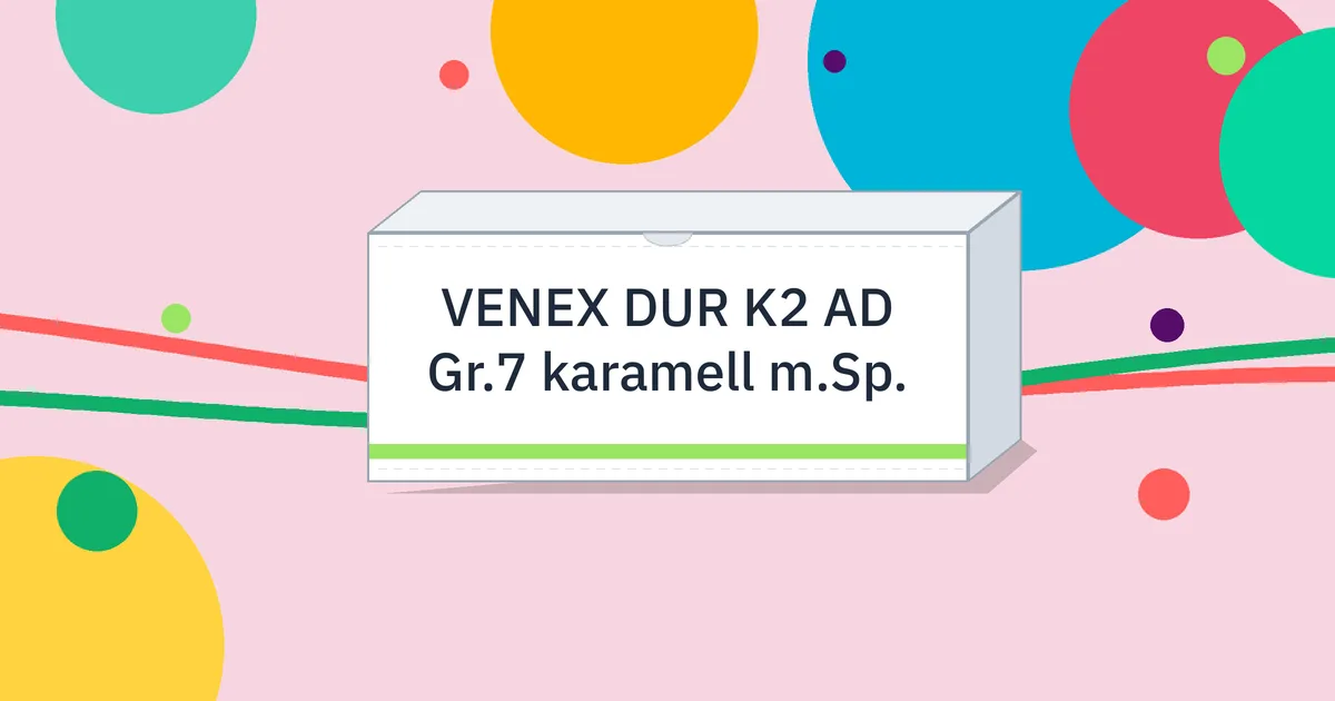 Symbolbild: Packung mit der Aufschrift VENEX DUR K2 AD Gr.7 karamell m.Sp. (PZN 13757414) – Verfügbarkeit und Bezug in Apotheken in Frankfurt am Main