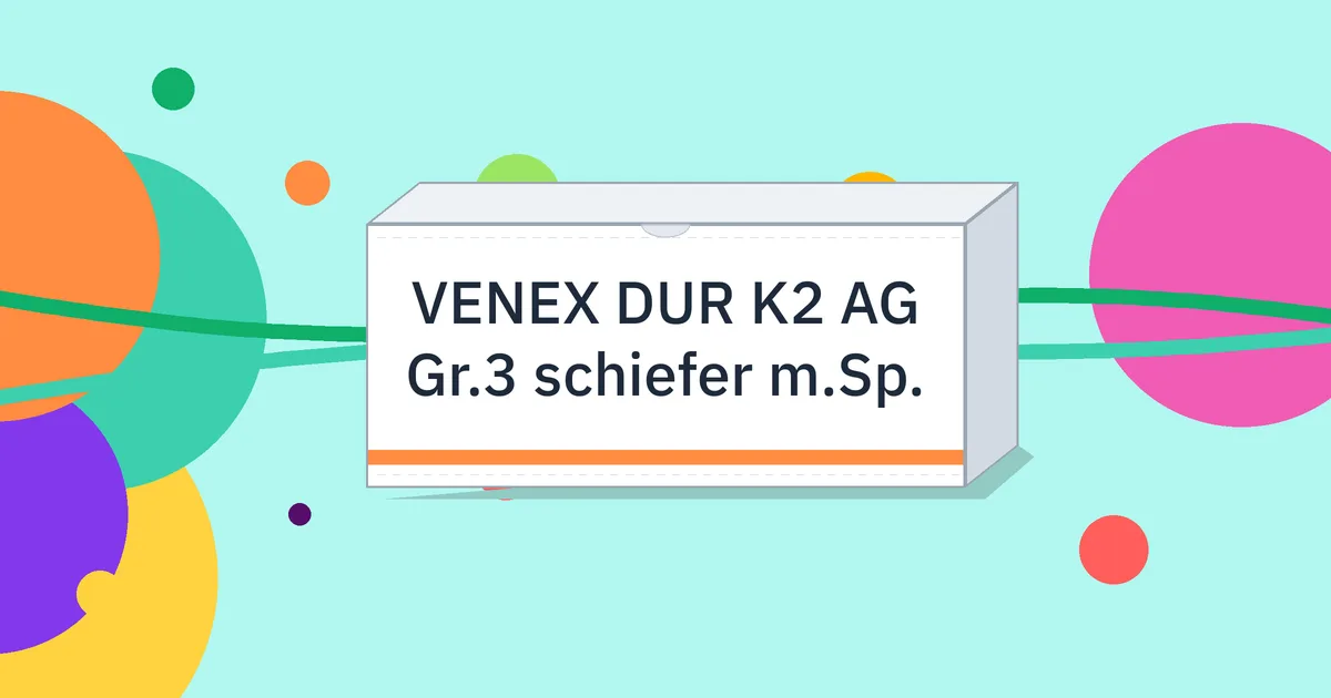 Symbolbild: Packung mit der Aufschrift VENEX DUR K2 AG Gr.3 schiefer m.Sp. (PZN 03213854) – Verfügbarkeit und Bezug in Apotheken in Frankfurt am Main