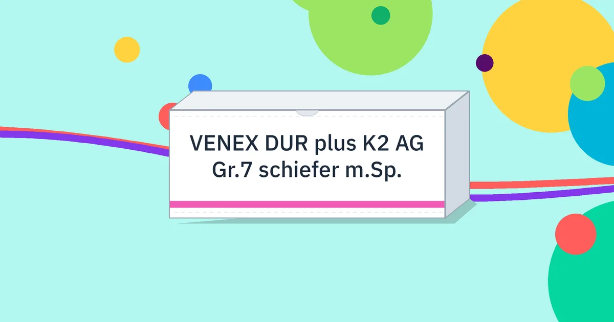 Symbolbild: Packung mit der Aufschrift VENEX DUR plus K2 AG Gr.7 schiefer m.Sp. (PZN 03235620) – Verfügbarkeit und Bezug in Apotheken in Frankfurt am Main