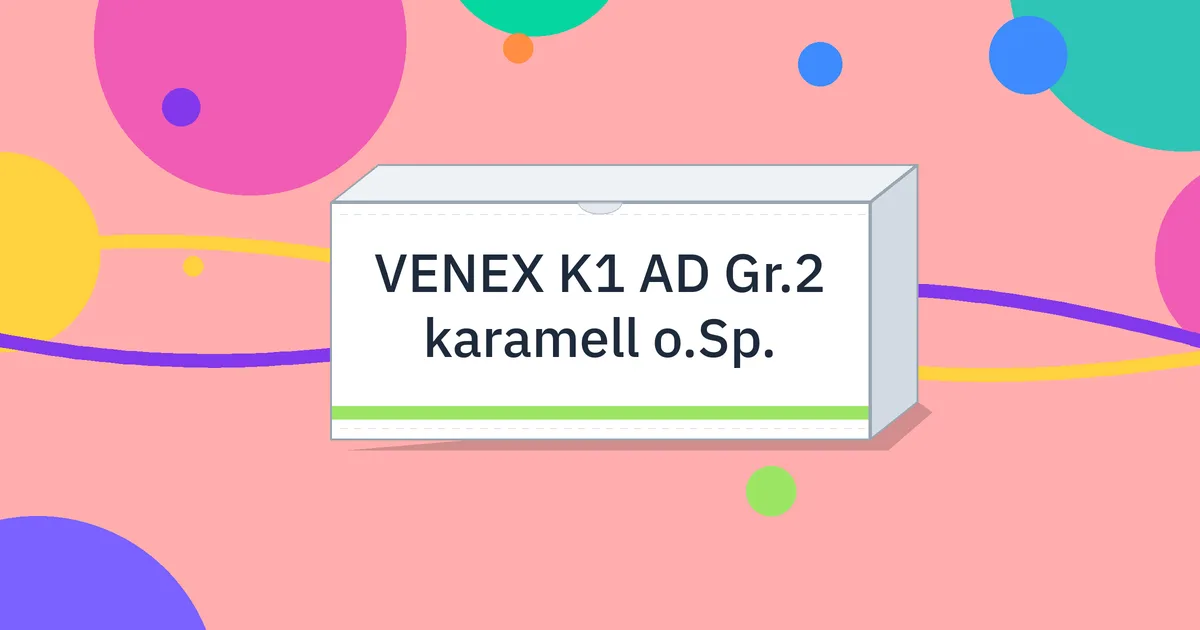Symbolbild: Packung mit der Aufschrift VENEX K1 AD Gr.2 karamell o.Sp. (PZN 13757271) – Verfügbarkeit und Bezug in Apotheken in Frankfurt am Main