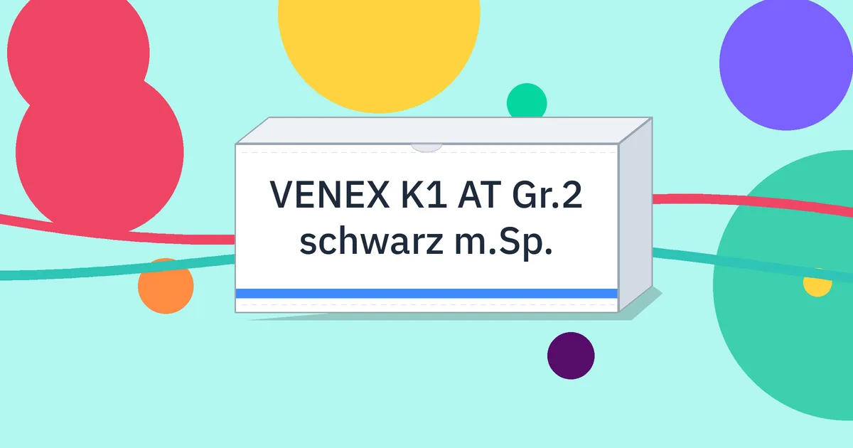 Symbolbild: Packung mit der Aufschrift VENEX K1 AT Gr.2 schwarz m.Sp. (PZN 03196676) – Verfügbarkeit und Bezug in Apotheken in Frankfurt am Main