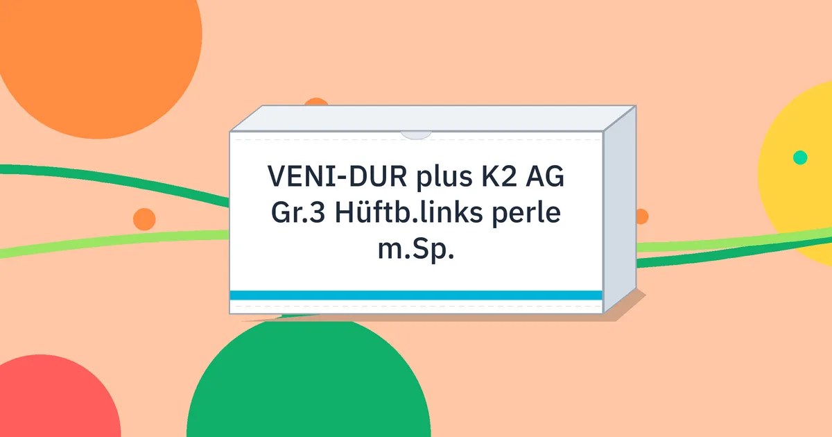 Symbolbild: Packung mit der Aufschrift VENI-DUR plus K2 AG Gr.3 Hüftb.links perle m.Sp. (PZN 03256102) – Verfügbarkeit und Bezug in Apotheken in Frankfurt am Main