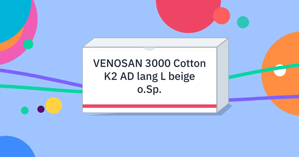 Symbolbild: Packung mit der Aufschrift VENOSAN 3000 Cotton K2 AD lang L beige o.Sp. (PZN 14421159) – Verfügbarkeit und Bezug in Apotheken in Frankfurt am Main