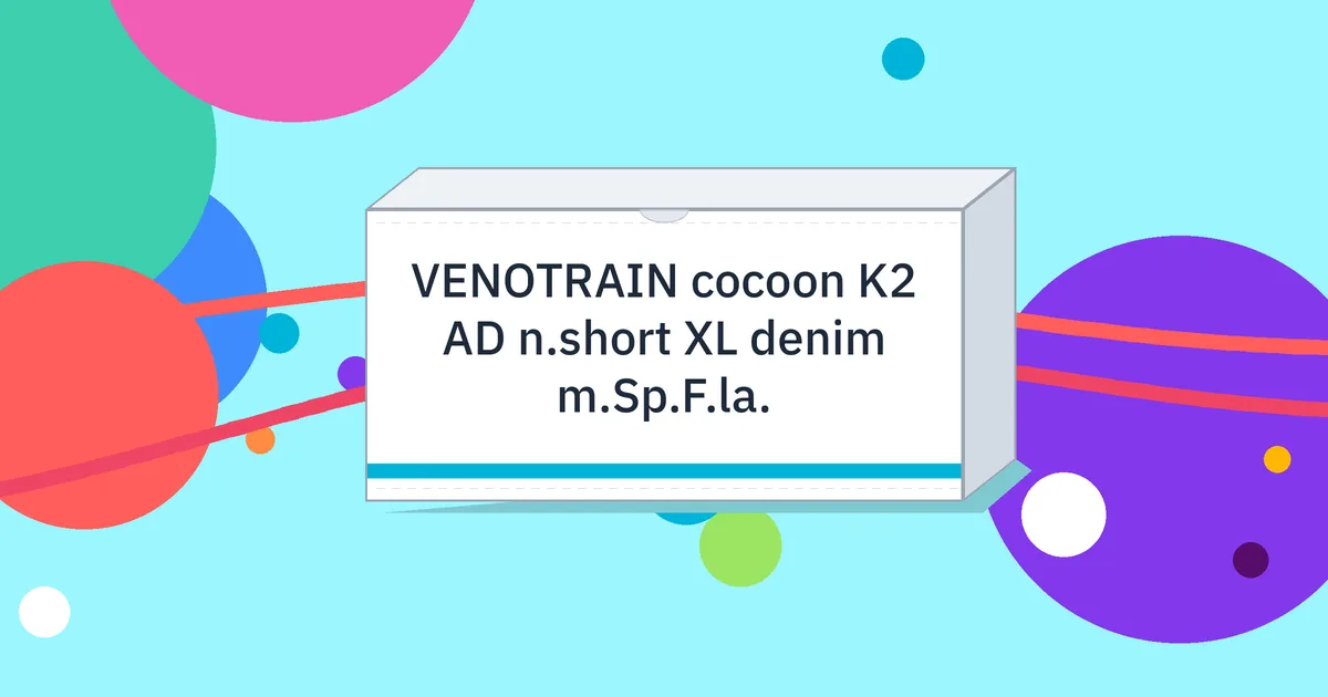 Symbolbild: Packung mit der Aufschrift VENOTRAIN cocoon K2 AD n.short XL denim m.Sp.F.la. (PZN 19199145) – Verfügbarkeit und Bezug in Apotheken in Frankfurt am Main