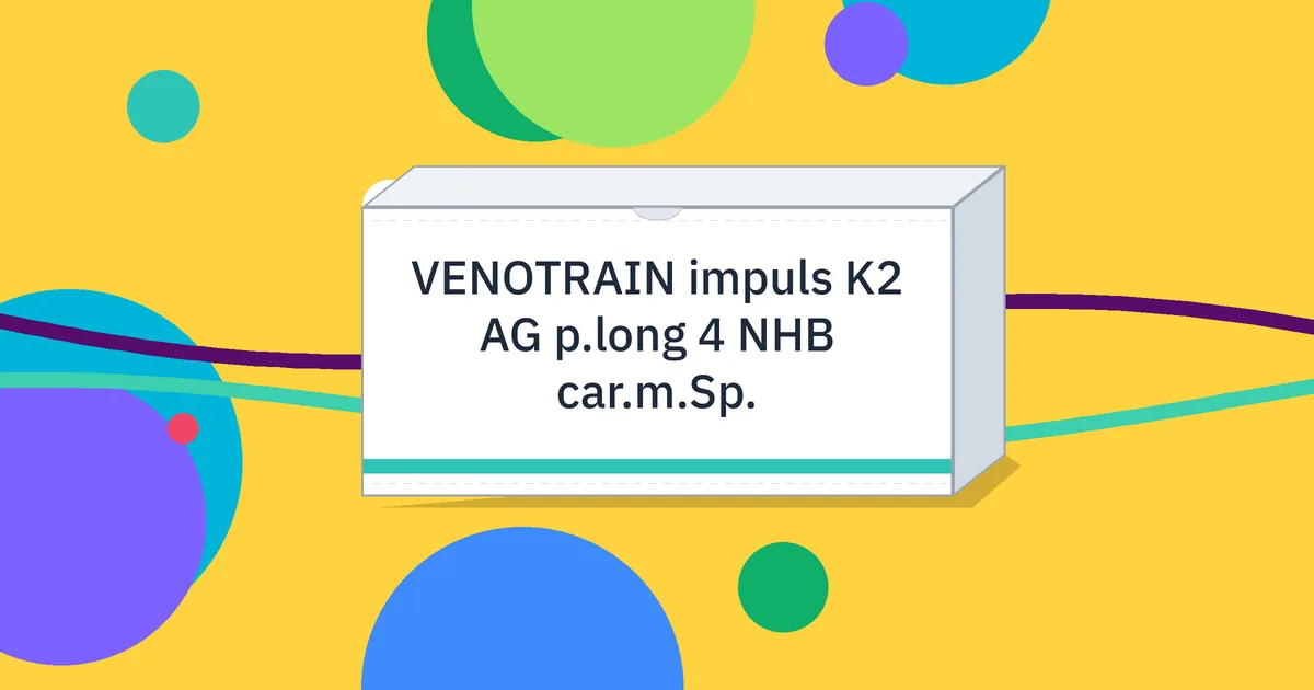 Symbolbild: Packung mit der Aufschrift VENOTRAIN impuls K2 AG p.long 4 NHB car.m.Sp. (PZN 00505786) – Verfügbarkeit und Bezug in Apotheken in Frankfurt am Main