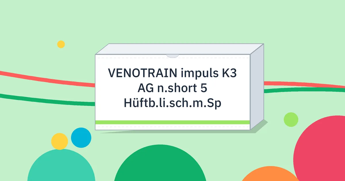 Symbolbild: Packung mit der Aufschrift VENOTRAIN impuls K3 AG n.short 5 Hüftb.li.sch.m.Sp (PZN 10295597) – Verfügbarkeit und Bezug in Apotheken in Frankfurt am Main