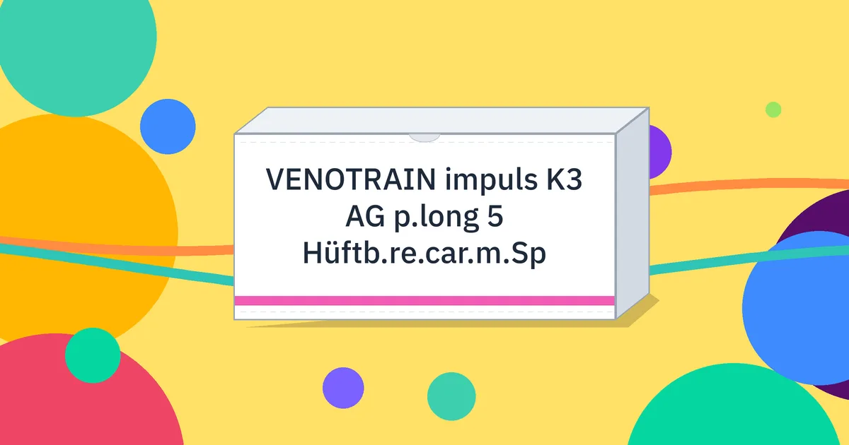 Symbolbild: Packung mit der Aufschrift VENOTRAIN impuls K3 AG p.long 5 Hüftb.re.car.m.Sp (PZN 10293730) – Verfügbarkeit und Bezug in Apotheken in Frankfurt am Main