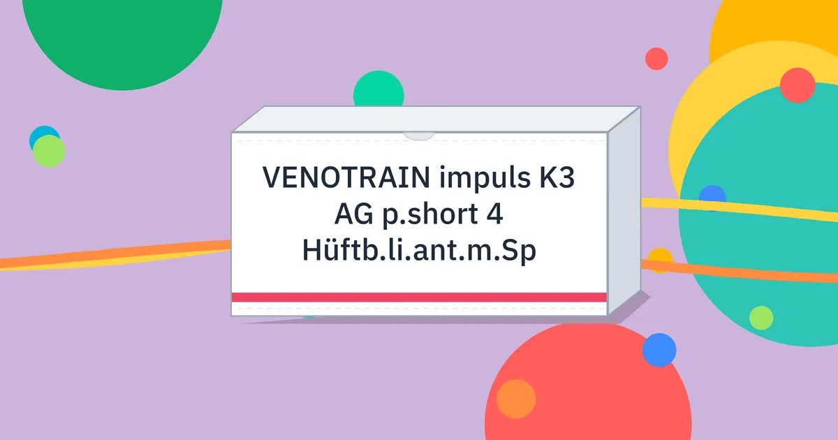 Symbolbild: Packung mit der Aufschrift VENOTRAIN impuls K3 AG p.short 4 Hüftb.li.ant.m.Sp (PZN 15220658) – Verfügbarkeit und Bezug in Apotheken in Frankfurt am Main