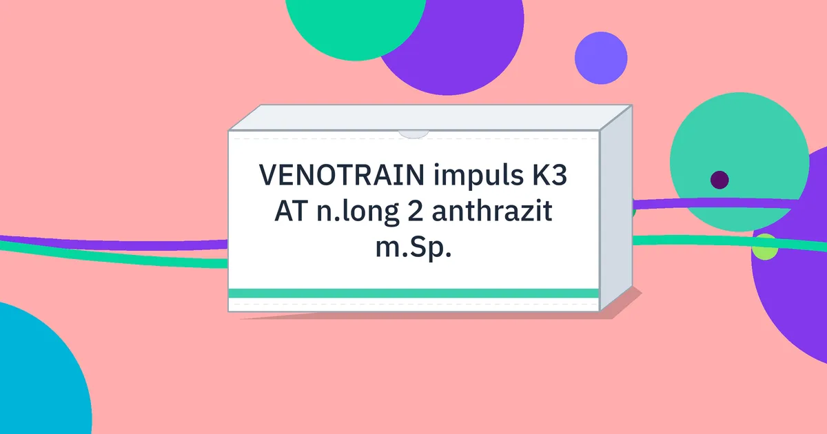 Symbolbild: Packung mit der Aufschrift VENOTRAIN impuls K3 AT n.long 2 anthrazit m.Sp. (PZN 19356774) – Verfügbarkeit und Bezug in Apotheken in Frankfurt am Main