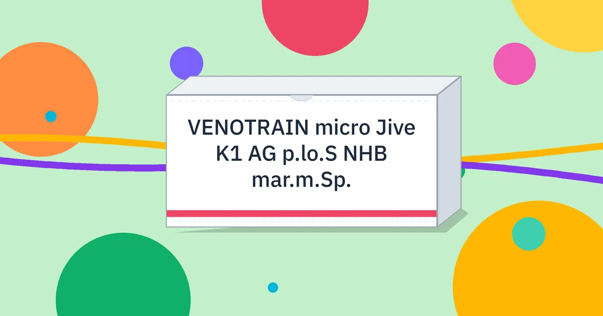 Symbolbild: Packung mit der Aufschrift VENOTRAIN micro Jive K1 AG p.lo.S NHB mar.m.Sp. (PZN 17767384) – Verfügbarkeit und Bezug in Apotheken in Frankfurt am Main