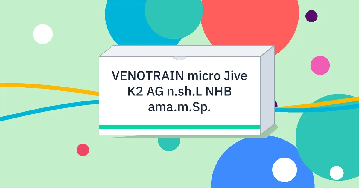 Symbolbild: Packung mit der Aufschrift VENOTRAIN micro Jive K2 AG n.sh.L NHB ama.m.Sp. (PZN 17765126) – Verfügbarkeit und Bezug in Apotheken in Frankfurt am Main