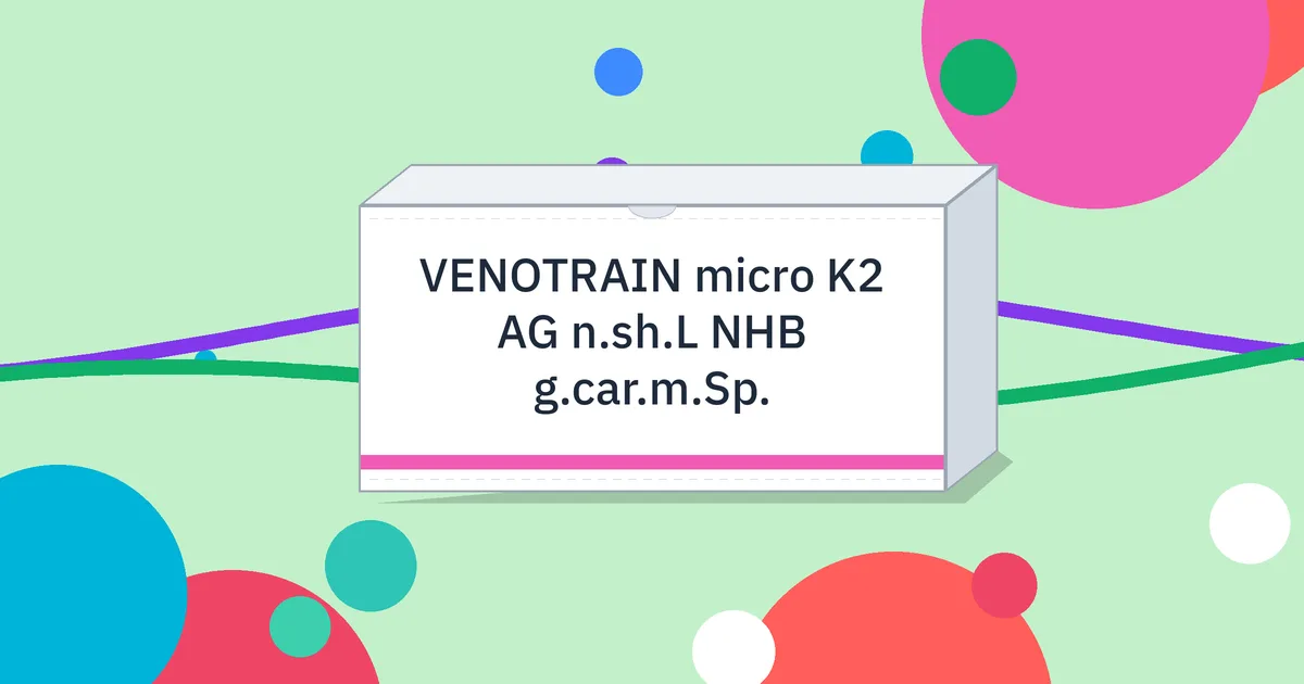 Symbolbild: Packung mit der Aufschrift VENOTRAIN micro K2 AG n.sh.L NHB g.car.m.Sp. (PZN 05999356) – Verfügbarkeit und Bezug in Apotheken in Frankfurt am Main