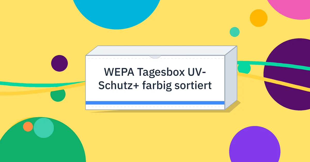 Symbolbild: Packung mit der Aufschrift WEPA Tagesbox UV-Schutz+ farbig sortiert (PZN 18878051) – Verfügbarkeit und Bezug in Apotheken in Frankfurt am Main