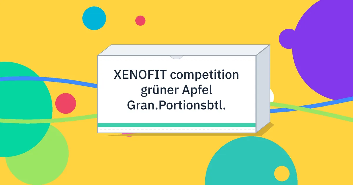 Symbolbild: Packung mit der Aufschrift XENOFIT competition grüner Apfel Gran.Portionsbtl. (PZN 06585467) – Verfügbarkeit und Bezug in Apotheken in Frankfurt am Main
