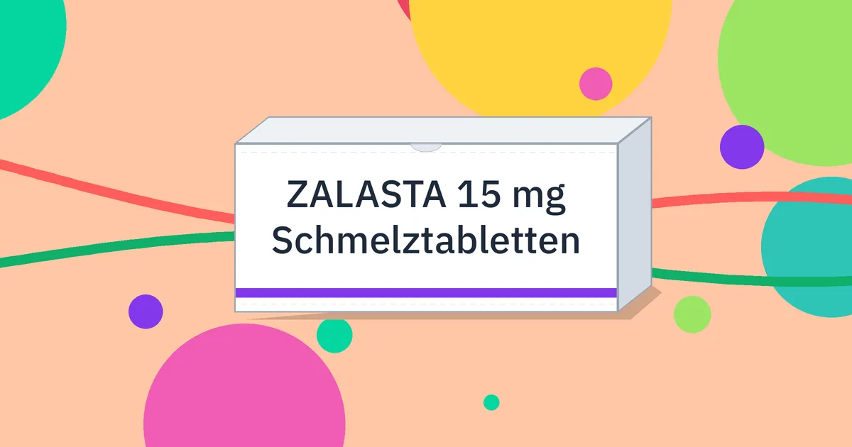 Symbolbild: Packung mit der Aufschrift ZALASTA 15 mg Schmelztabletten (PZN 09098064) – Verfügbarkeit und Bezug in Apotheken in Frankfurt am Main