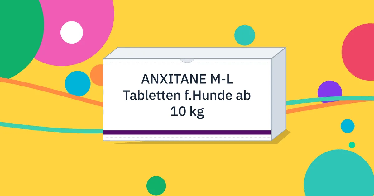 Symbolbild: Packung mit der Aufschrift ANXITANE M-L Tabletten f.Hunde ab 10 kg (PZN 13425511) – Verfügbarkeit und Bezug in Apotheken in Frankfurt am Main