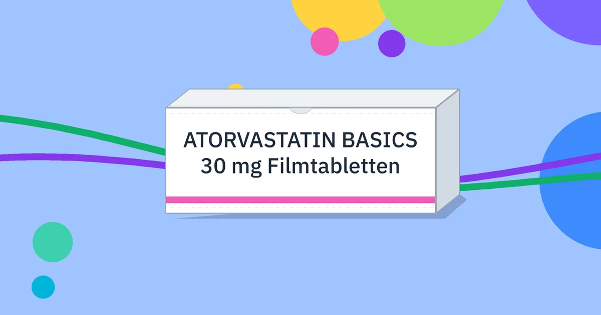 Symbolbild: Packung mit der Aufschrift ATORVASTATIN BASICS 30 mg Filmtabletten (PZN 11083940) – Verfügbarkeit und Bezug in Apotheken in Frankfurt am Main