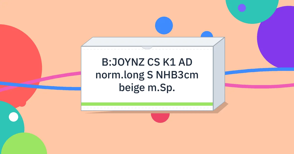 Symbolbild: Packung mit der Aufschrift B:JOYNZ CS K1 AD norm.long S NHB3cm beige m.Sp. (PZN 20529286) – Verfügbarkeit und Bezug in Apotheken in Frankfurt am Main