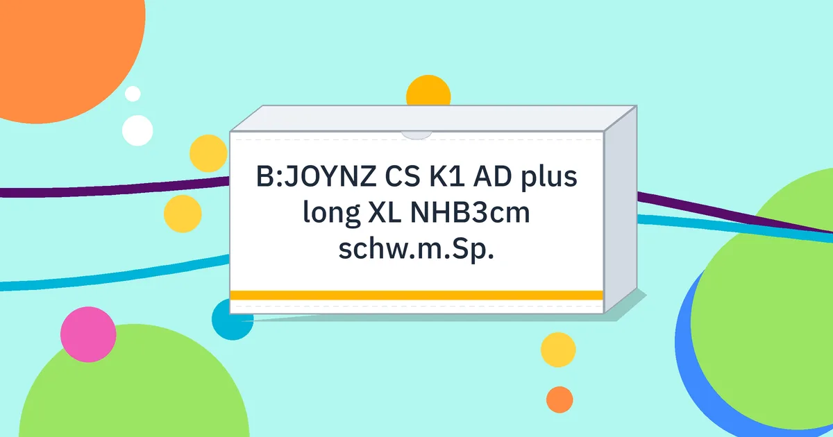 Symbolbild: Packung mit der Aufschrift B:JOYNZ CS K1 AD plus long XL NHB3cm schw.m.Sp. (PZN 20526342) – Verfügbarkeit und Bezug in Apotheken in Frankfurt am Main
