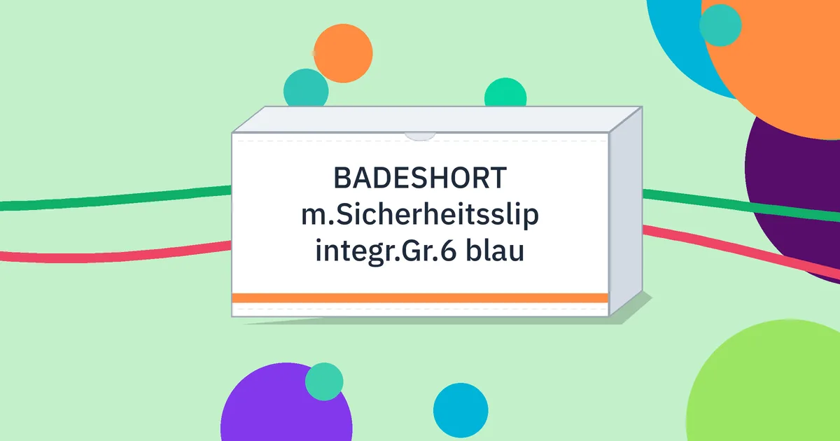 Symbolbild: Packung mit der Aufschrift BADESHORT m.Sicherheitsslip integr.Gr.6 blau (PZN 15263863) – Verfügbarkeit und Bezug in Apotheken in Frankfurt am Main