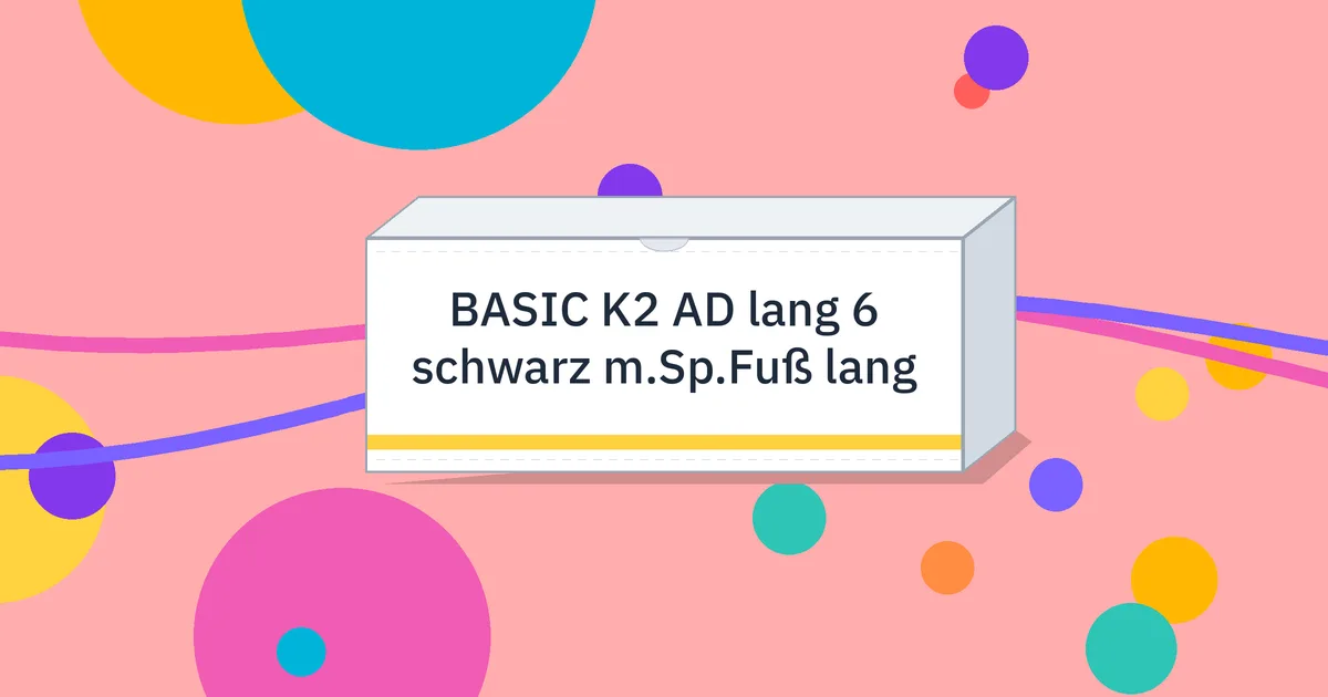 Symbolbild: Packung mit der Aufschrift BASIC K2 AD lang 6 schwarz m.Sp.Fuß lang (PZN 20265605) – Verfügbarkeit und Bezug in Apotheken in Frankfurt am Main