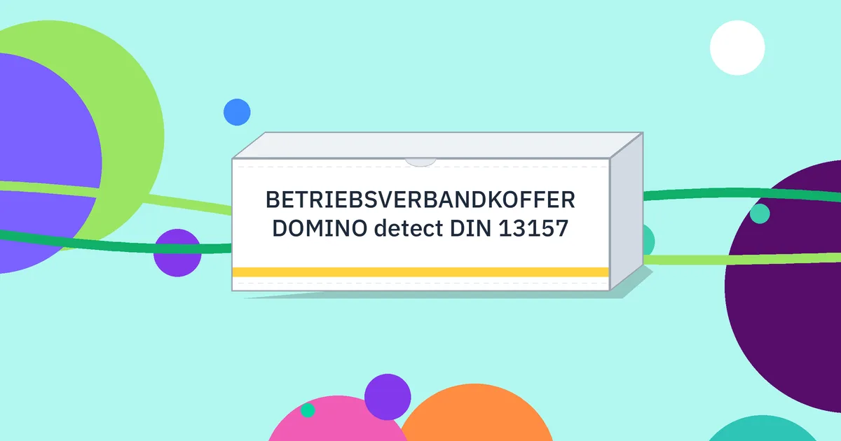Symbolbild: Packung mit der Aufschrift BETRIEBSVERBANDKOFFER DOMINO detect DIN 13157 (PZN 12491440) – Verfügbarkeit und Bezug in Apotheken in Frankfurt am Main