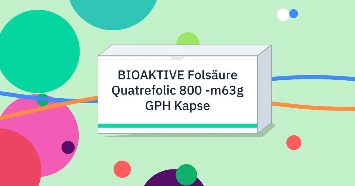 Symbolbild: Packung mit der Aufschrift BIOAKTIVE Folsäure Quatrefolic 800 -m63g GPH Kapse (PZN 18310445) – Verfügbarkeit und Bezug in Apotheken in Frankfurt am Main