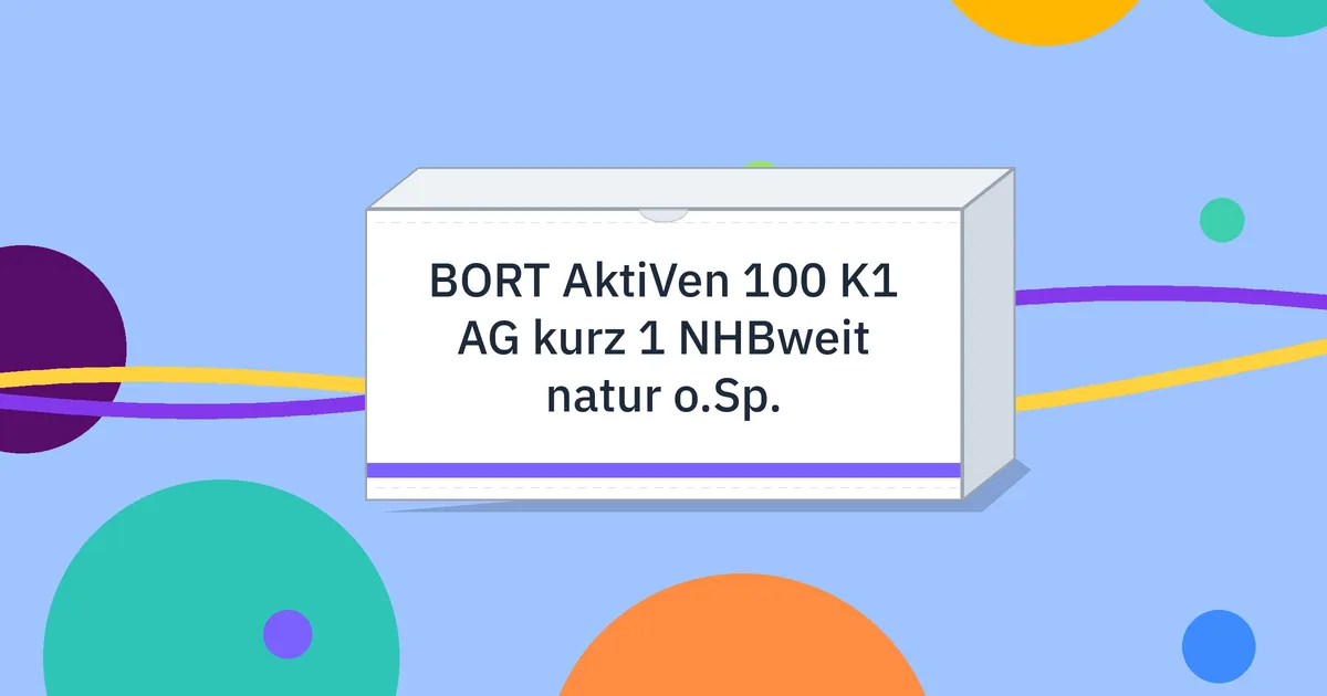 Symbolbild: Packung mit der Aufschrift BORT AktiVen 100 K1 AG kurz 1 NHBweit natur o.Sp. (PZN 13729607) – Verfügbarkeit und Bezug in Apotheken in Frankfurt am Main