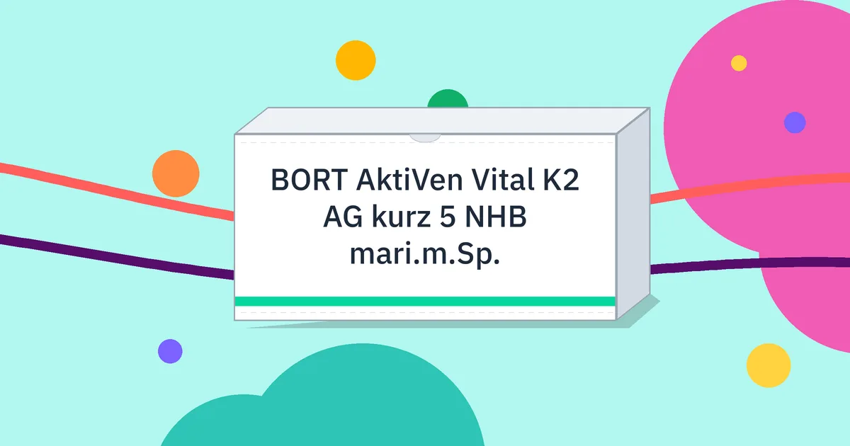 Symbolbild: Packung mit der Aufschrift BORT AktiVen Vital K2 AG kurz 5 NHB mari.m.Sp. (PZN 13733218) – Verfügbarkeit und Bezug in Apotheken in Frankfurt am Main