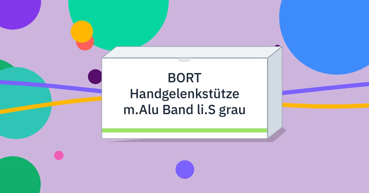 Symbolbild: Packung mit der Aufschrift BORT Handgelenkstütze m.Alu Band li.S grau (PZN 17843139) – Verfügbarkeit und Bezug in Apotheken in Frankfurt am Main
