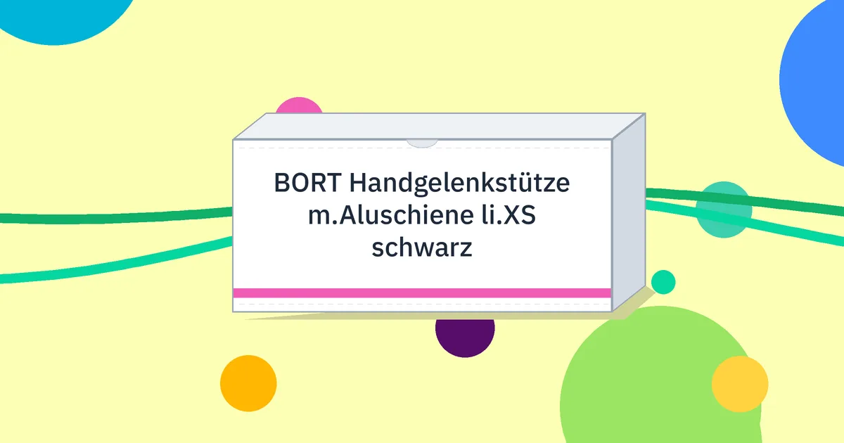 Symbolbild: Packung mit der Aufschrift BORT Handgelenkstütze m.Aluschiene li.XS schwarz (PZN 05539436) – Verfügbarkeit und Bezug in Apotheken in Frankfurt am Main