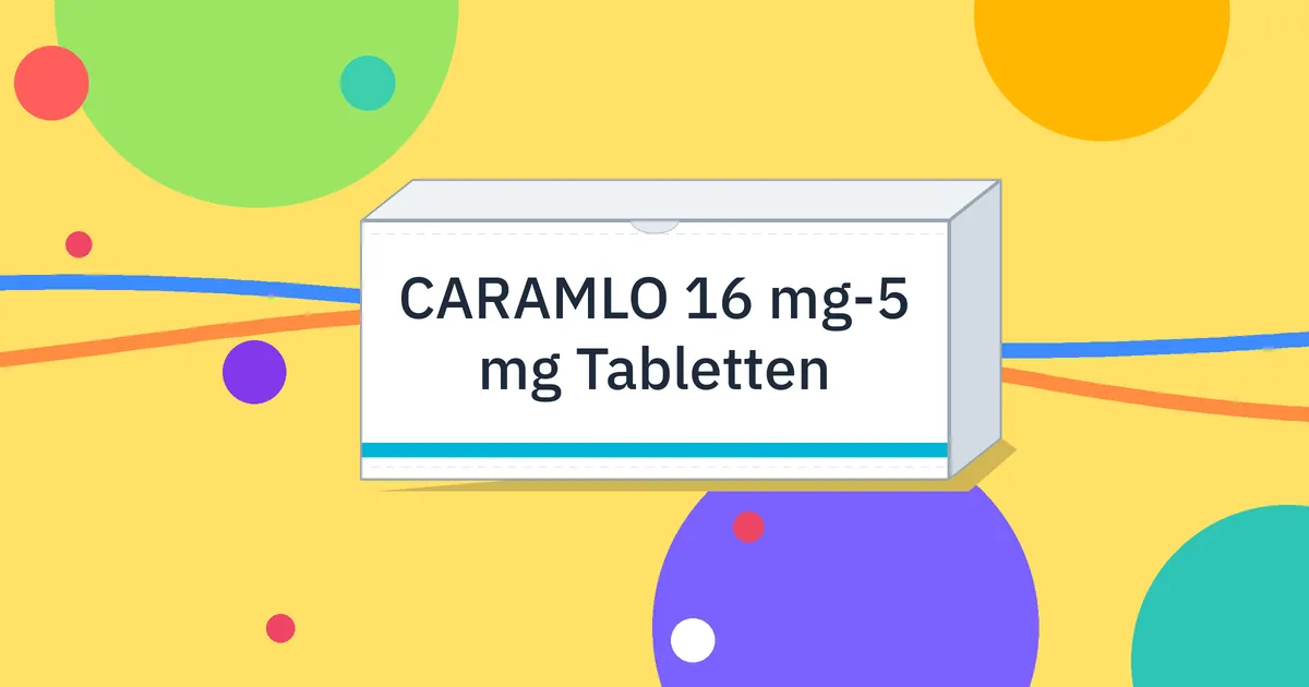 Symbolbild: Packung mit der Aufschrift CARAMLO 16 mg-5 mg Tabletten (PZN 19357791) – Verfügbarkeit und Bezug in Apotheken in Frankfurt am Main