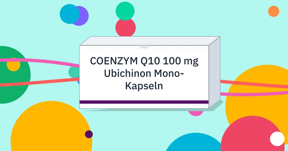 Symbolbild: Packung mit der Aufschrift COENZYM Q10 100 mg Ubichinon Mono-Kapseln (PZN 14062631) – Verfügbarkeit und Bezug in Apotheken in Frankfurt am Main