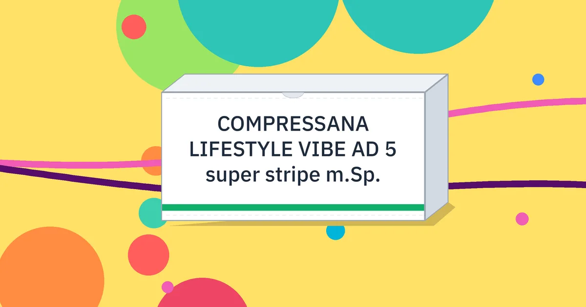 Symbolbild: Packung mit der Aufschrift COMPRESSANA LIFESTYLE VIBE AD 5 super stripe m.Sp. (PZN 18367468) – Verfügbarkeit und Bezug in Apotheken in Frankfurt am Main