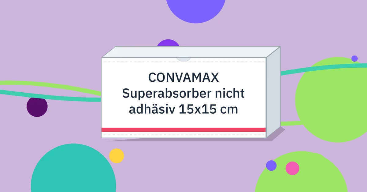 Symbolbild: Packung mit der Aufschrift CONVAMAX Superabsorber nicht adhäsiv 15x15 cm (PZN 16733897) – Verfügbarkeit und Bezug in Apotheken in Frankfurt am Main