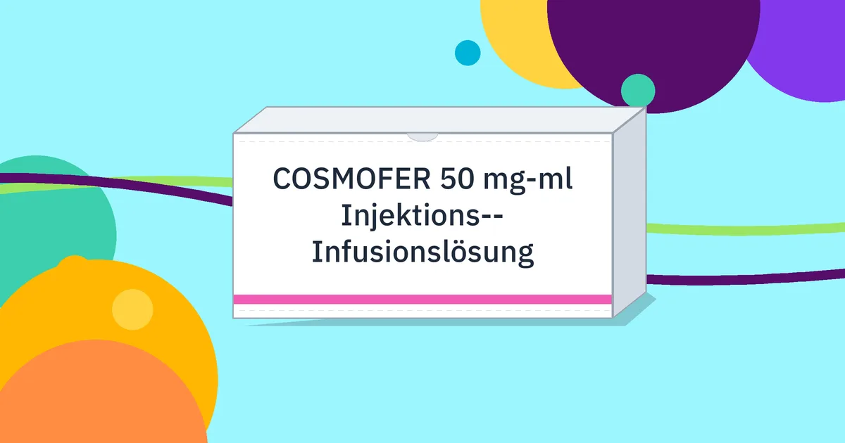 Symbolbild: Packung mit der Aufschrift COSMOFER 50 mg-ml Injektions--Infusionslösung (PZN 06120030) – Verfügbarkeit und Bezug in Apotheken in Frankfurt am Main