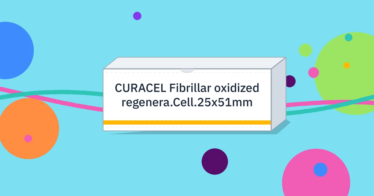 Symbolbild: Packung mit der Aufschrift CURACEL Fibrillar oxidized regenera.Cell.25x51mm (PZN 16211006) – Verfügbarkeit und Bezug in Apotheken in Frankfurt am Main