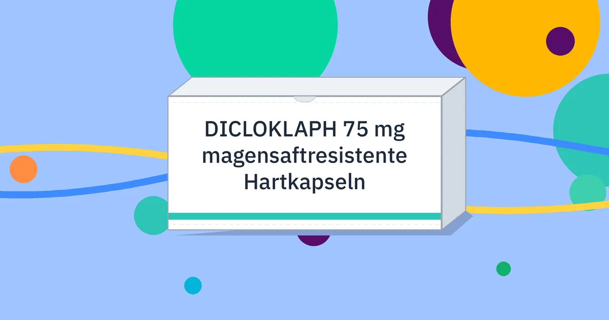 Symbolbild: Packung mit der Aufschrift DICLOKLAPH 75 mg magensaftresistente Hartkapseln (PZN 16682326) – Verfügbarkeit und Bezug in Apotheken in Frankfurt am Main