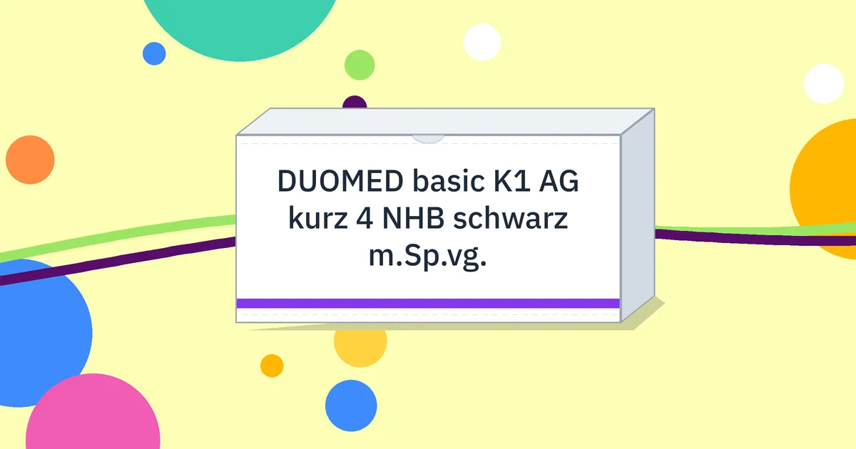 Symbolbild: Packung mit der Aufschrift DUOMED basic K1 AG kurz 4 NHB schwarz m.Sp.vg. (PZN 20904850) – Verfügbarkeit und Bezug in Apotheken in Frankfurt am Main