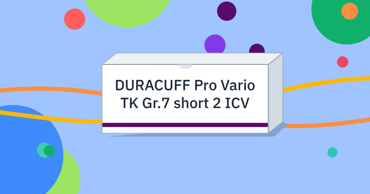 Symbolbild: Packung mit der Aufschrift DURACUFF Pro Vario TK Gr.7 short 2 ICV (PZN 19244288) – Verfügbarkeit und Bezug in Apotheken in Frankfurt am Main
