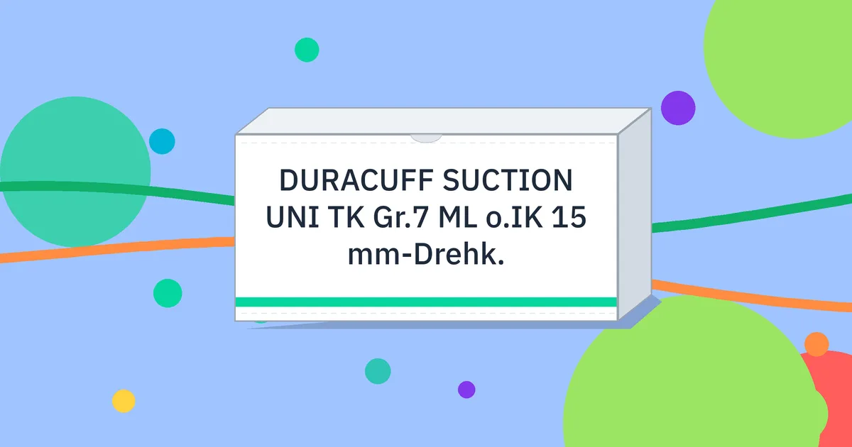 Symbolbild: Packung mit der Aufschrift DURACUFF SUCTION UNI TK Gr.7 ML o.IK 15 mm-Drehk. (PZN 02701511) – Verfügbarkeit und Bezug in Apotheken in Frankfurt am Main