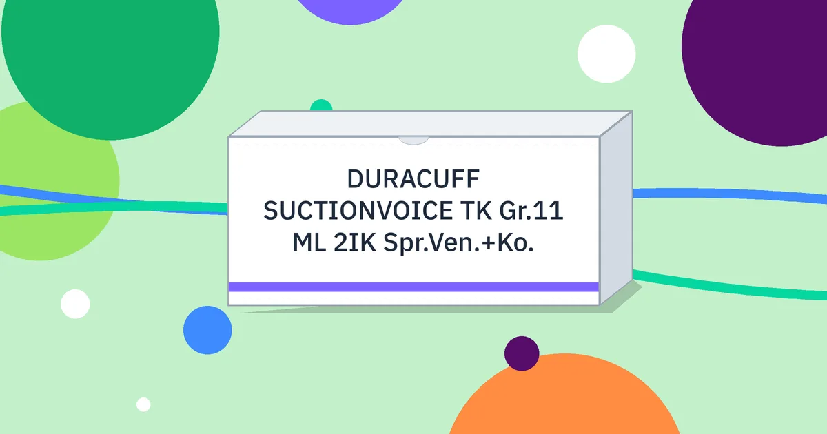 Symbolbild: Packung mit der Aufschrift DURACUFF SUCTIONVOICE TK Gr.11 ML 2IK Spr.Ven.+Ko. (PZN 04961759) – Verfügbarkeit und Bezug in Apotheken in Frankfurt am Main