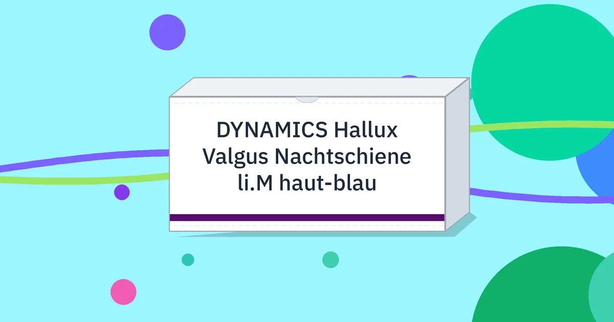 Symbolbild: Packung mit der Aufschrift DYNAMICS Hallux Valgus Nachtschiene li.M haut-blau (PZN 10632439) – Verfügbarkeit und Bezug in Apotheken in Frankfurt am Main