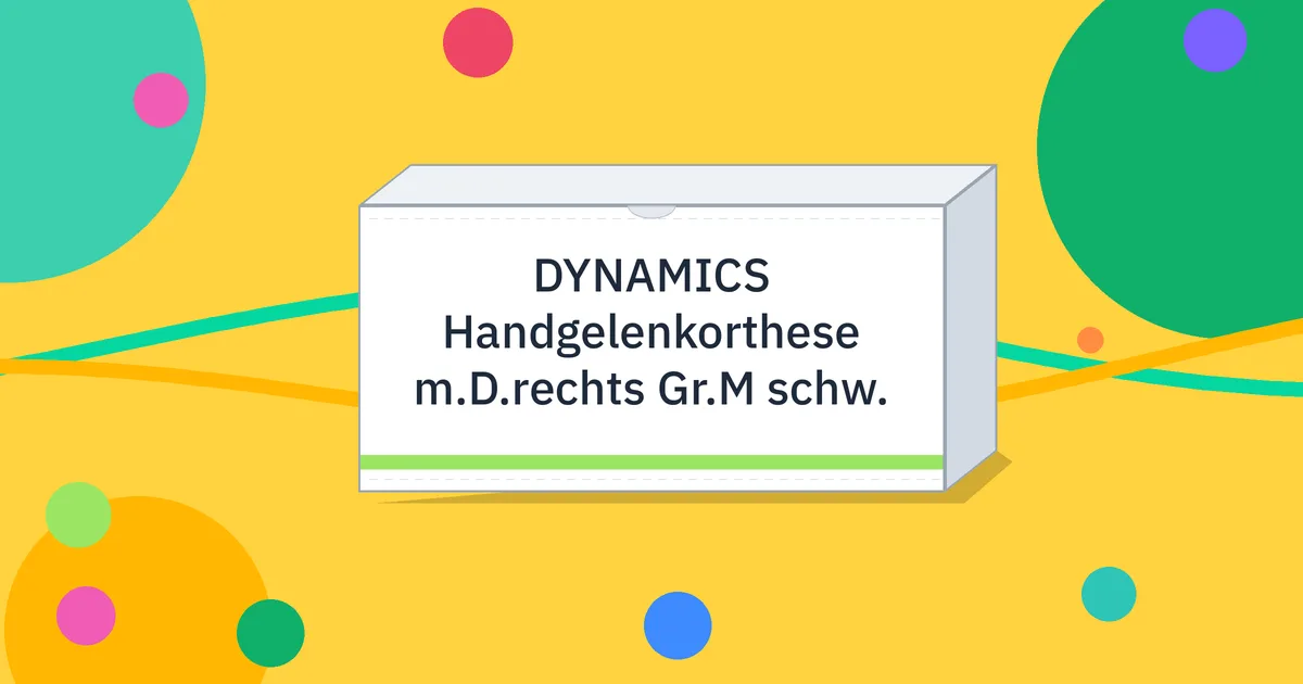 Symbolbild: Packung mit der Aufschrift DYNAMICS Handgelenkorthese m.D.rechts Gr.M schw. (PZN 10633195) – Verfügbarkeit und Bezug in Apotheken in Frankfurt am Main