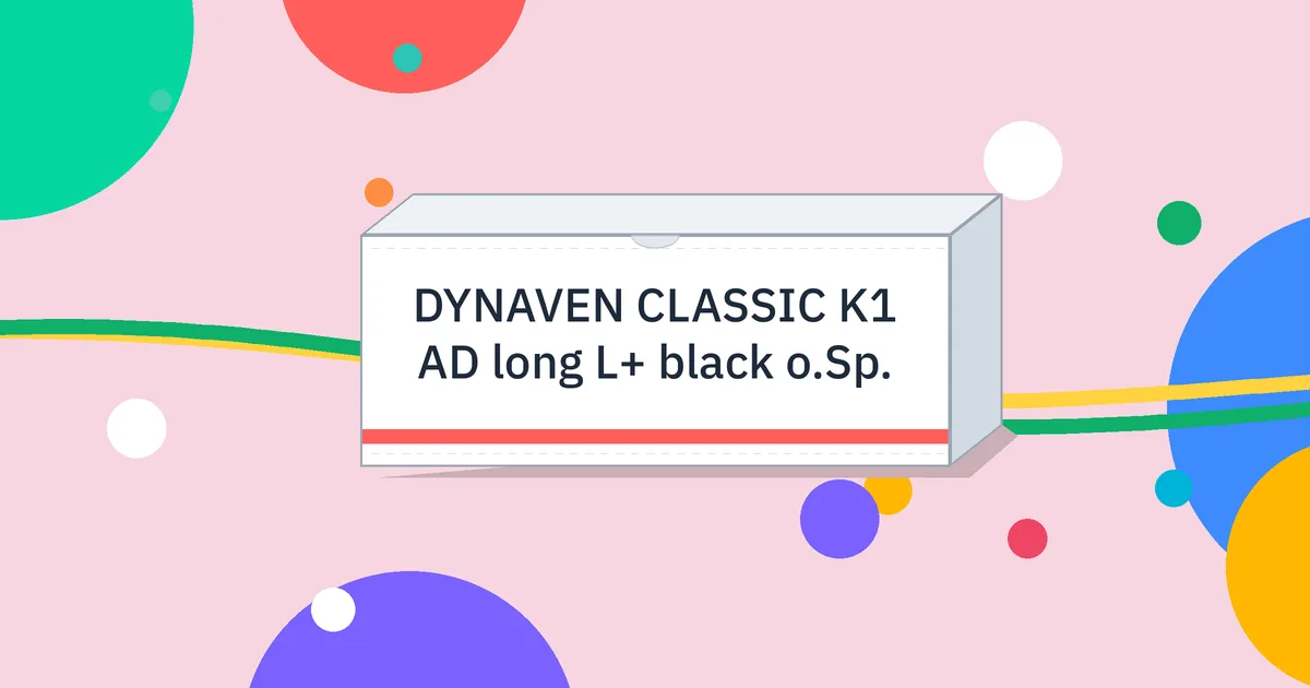 Symbolbild: Packung mit der Aufschrift DYNAVEN CLASSIC K1 AD long L+ black o.Sp. (PZN 18414274) – Verfügbarkeit und Bezug in Apotheken in Frankfurt am Main