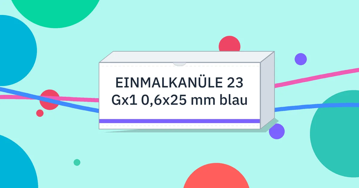 Symbolbild: Packung mit der Aufschrift EINMALKANÜLE 23 Gx1 0,6x25 mm blau (PZN 18717572) – Verfügbarkeit und Bezug in Apotheken in Frankfurt am Main
