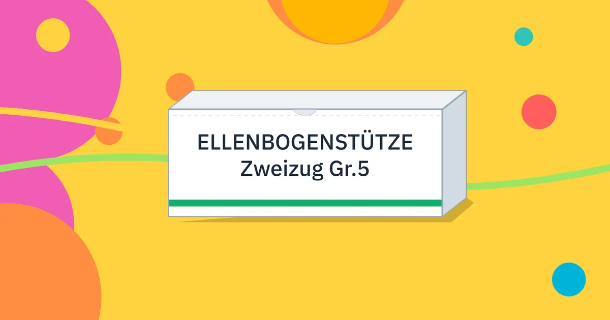 Symbolbild: Packung mit der Aufschrift ELLENBOGENSTÜTZE Zweizug Gr.5 (PZN 02008193) – Verfügbarkeit und Bezug in Apotheken in Frankfurt am Main