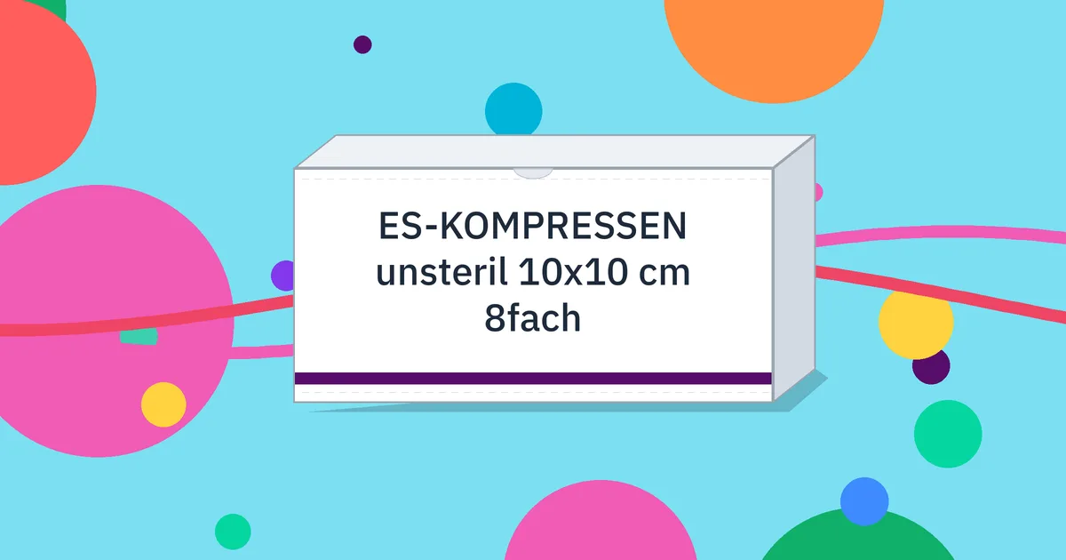Symbolbild: Packung mit der Aufschrift ES-KOMPRESSEN unsteril 10x10 cm 8fach (PZN 16359625) – Verfügbarkeit und Bezug in Apotheken in Frankfurt am Main